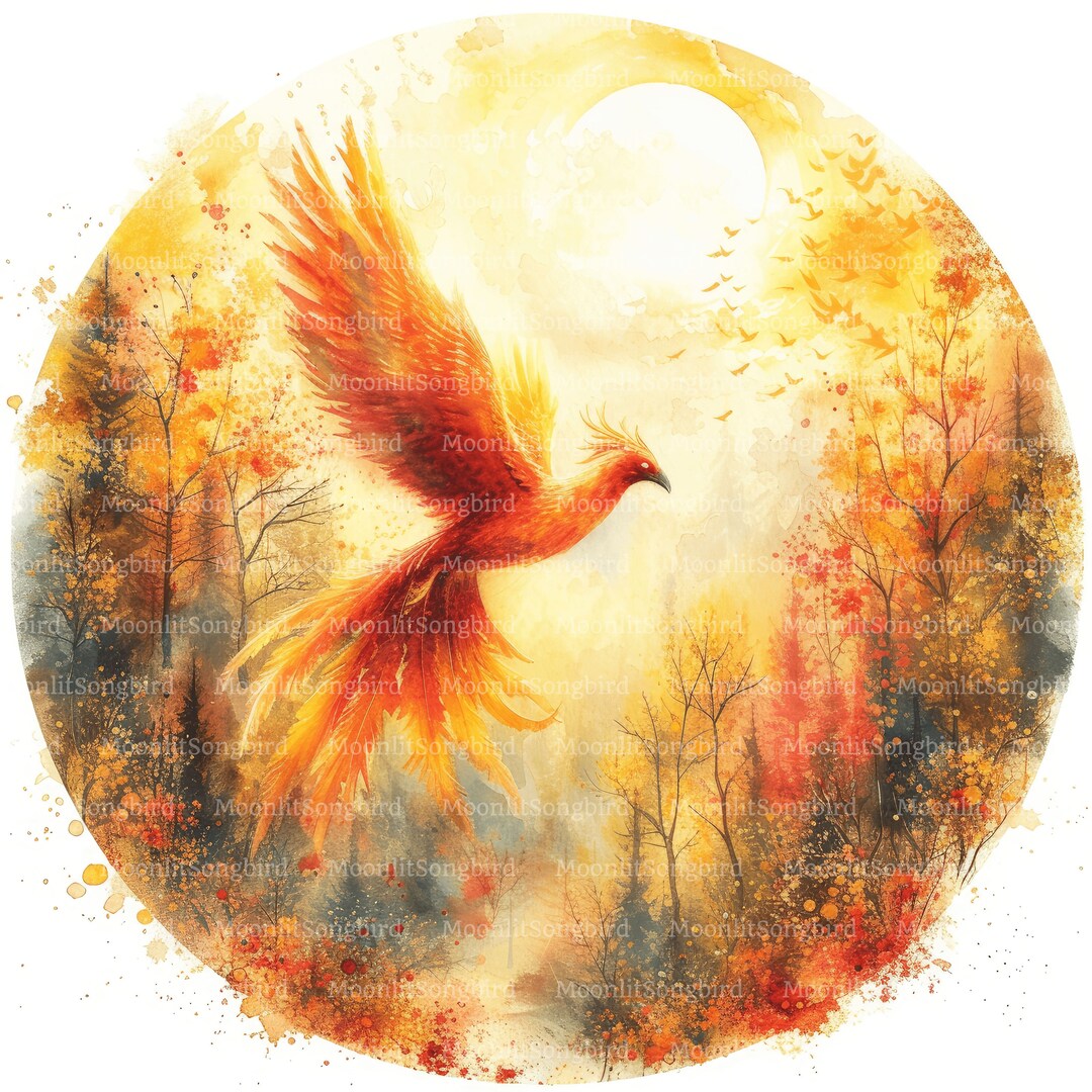 14 Phoenix in Forest Clipart, Digital Download, Printable Watercolor ...