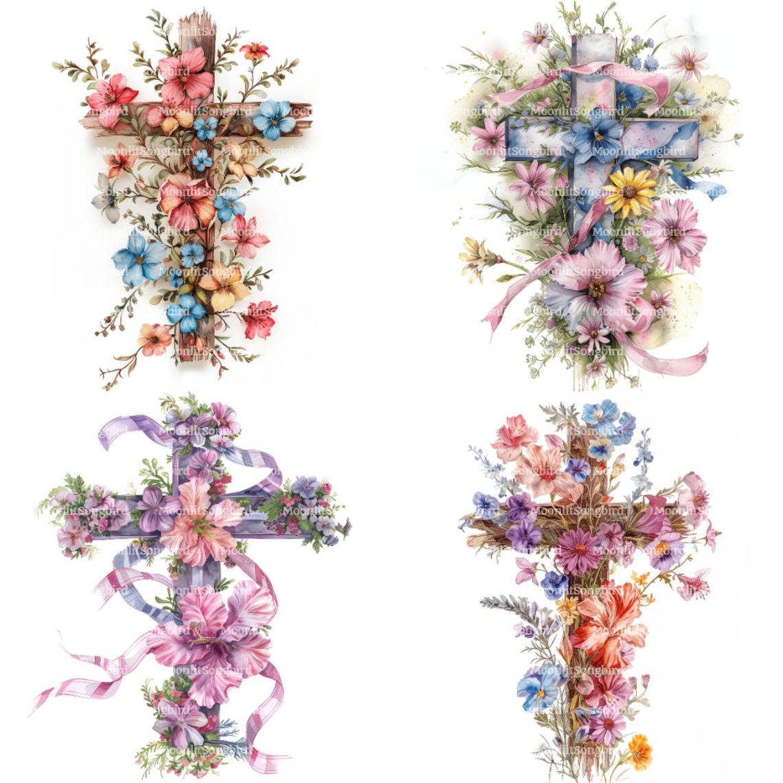 22 Cross With Spring Flowers Clipart, Digital Download, Printable ...