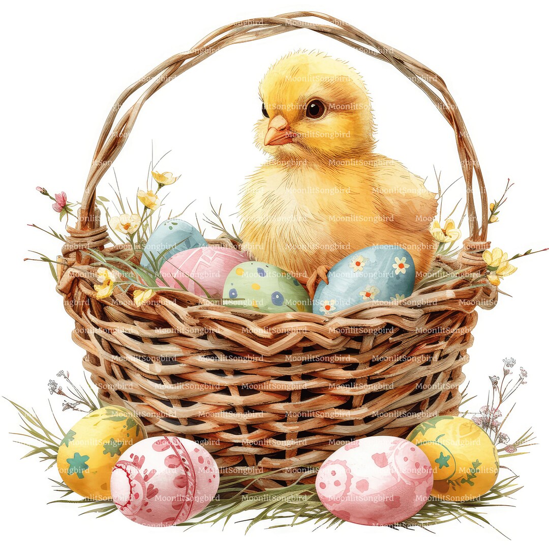 11 Easter Basket With Chick and Eggs Clipart, Digital Download ...