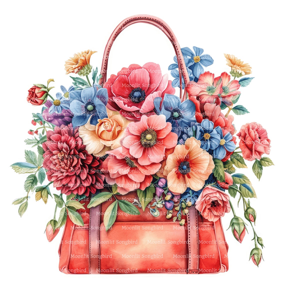 10 Flowers in Handbag Clipart, Digital Download, Printable Watercolor ...