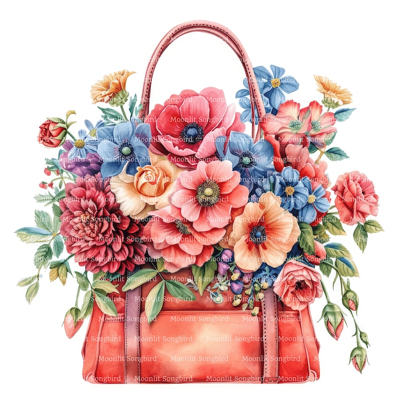 10 Flowers in Handbag Clipart, Digital Download, Printable Watercolor ...