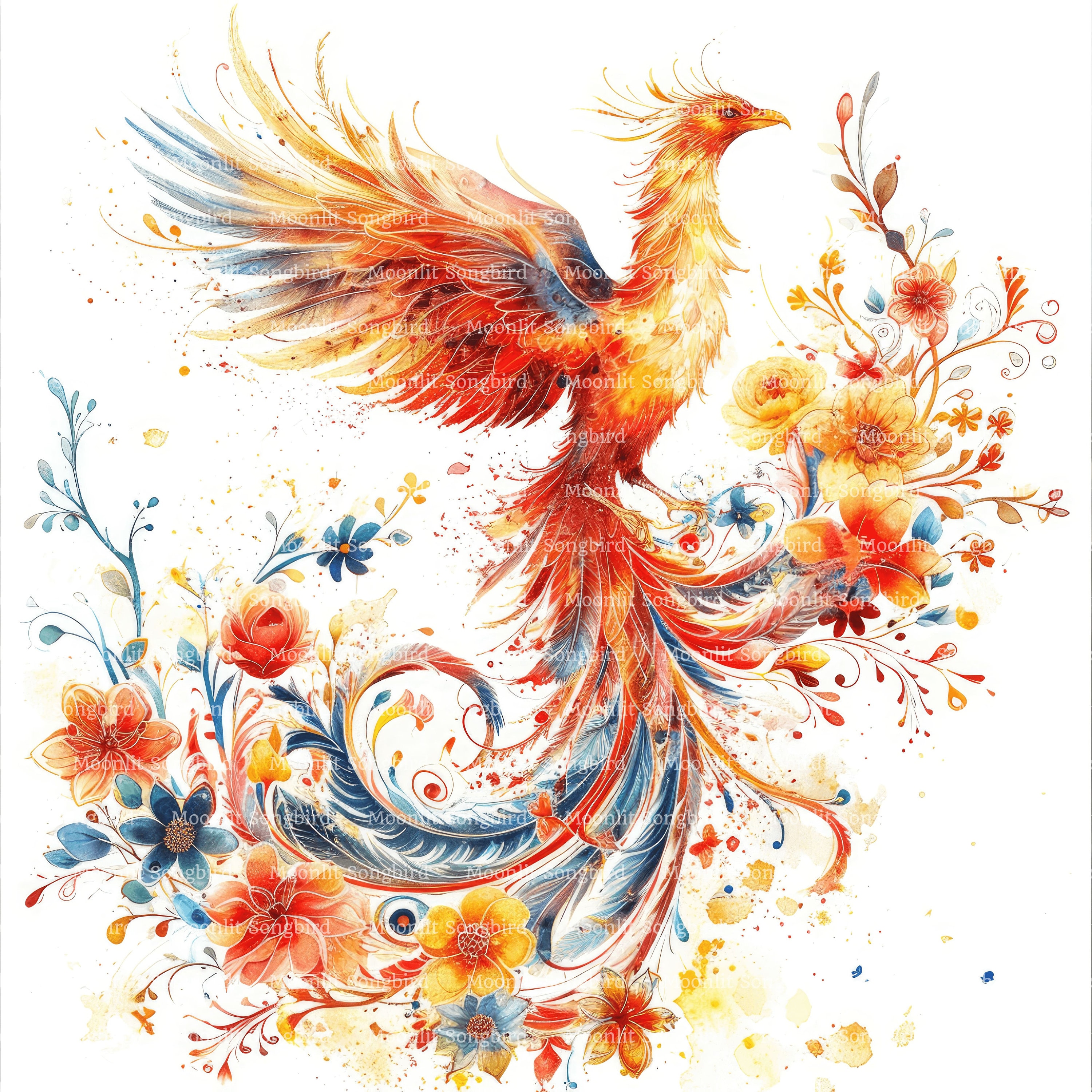 14 Floral Phoenix Clipart, Artistic Firebird, Digital Download ...