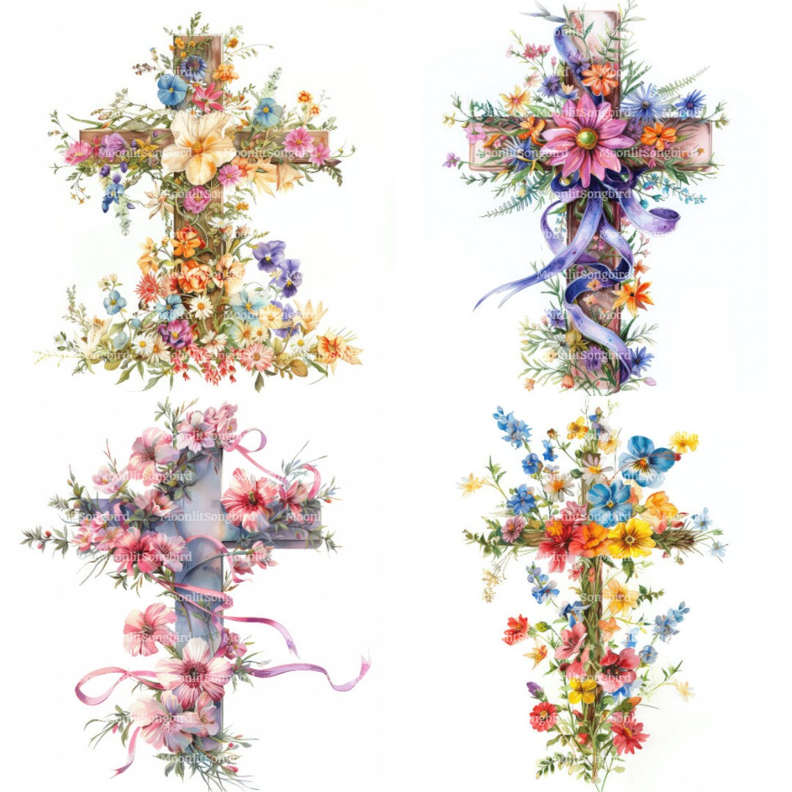 22 Cross With Spring Flowers Clipart, Digital Download, Printable ...