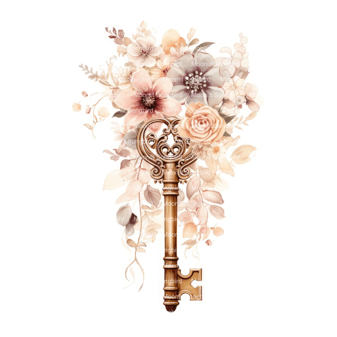 Vintage Key With Flowers Clipart, Printable Watercolor (digital ...