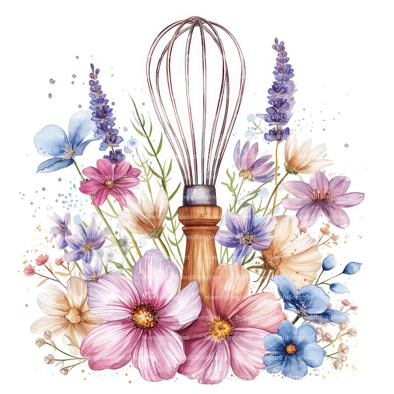 Floral Whisk Clipart, Watercolor Baking Illustration (digital Download ...