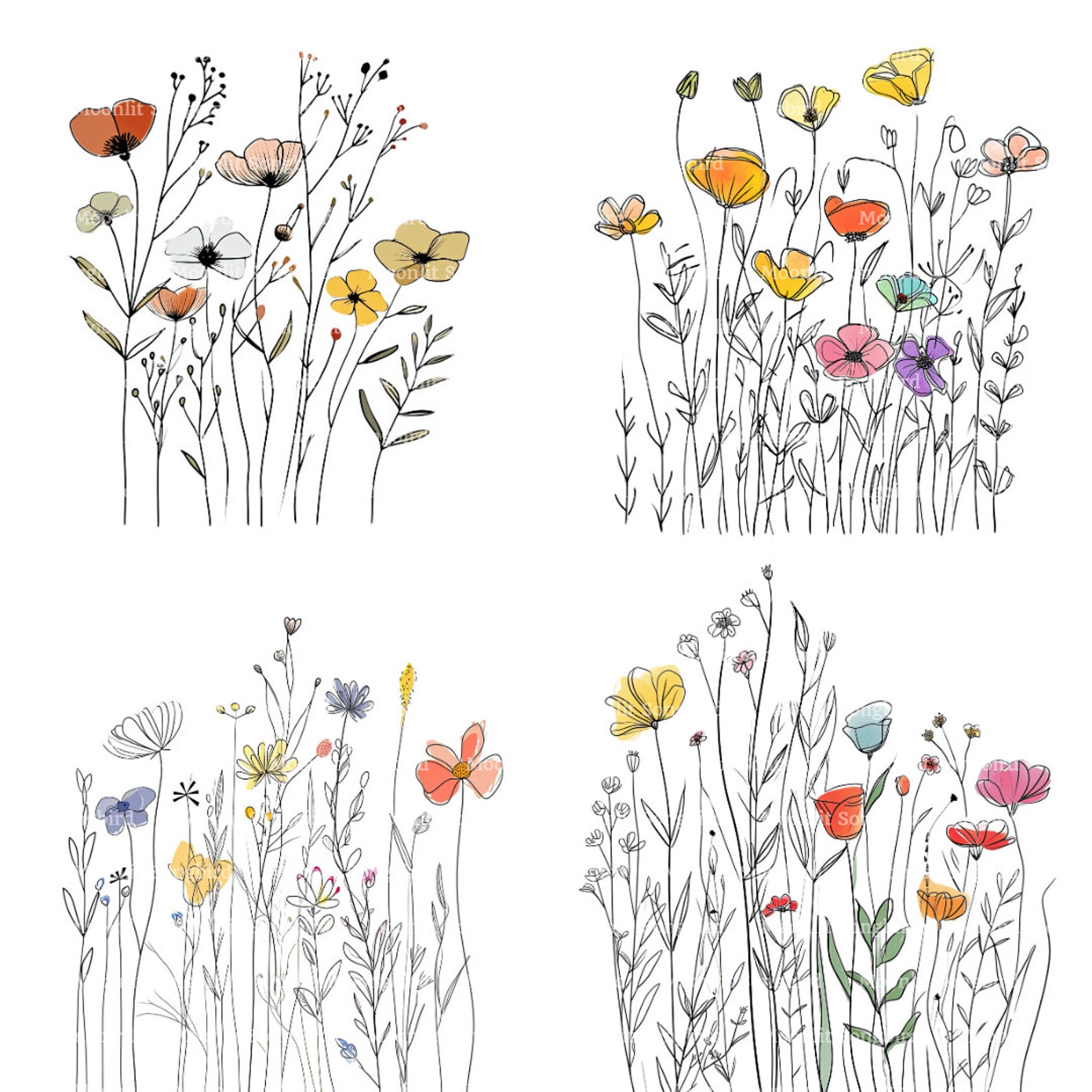 24 Wildflower Drawings Clipart, Digital Download, Printable Watercolor ...