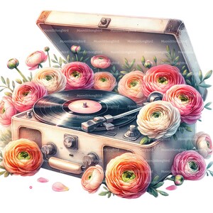 10 Floral Vintage Record Players Clipart, Digital Download, Printable ...