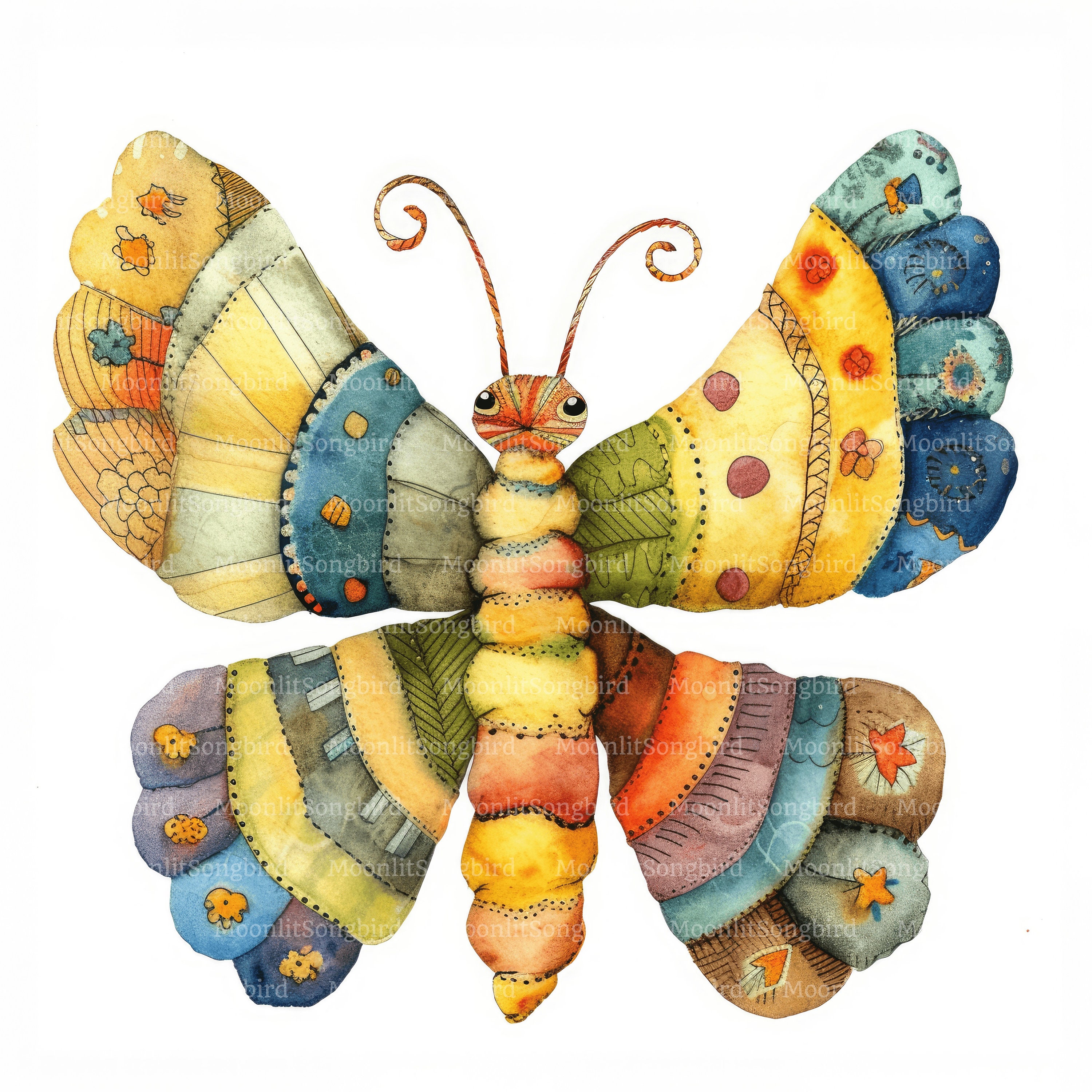 12 Patchwork Butterfly Clipart, Digital Download, Printable Watercolor ...