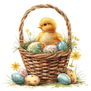 11 Easter Basket With Chick and Eggs Clipart, Digital Download ...