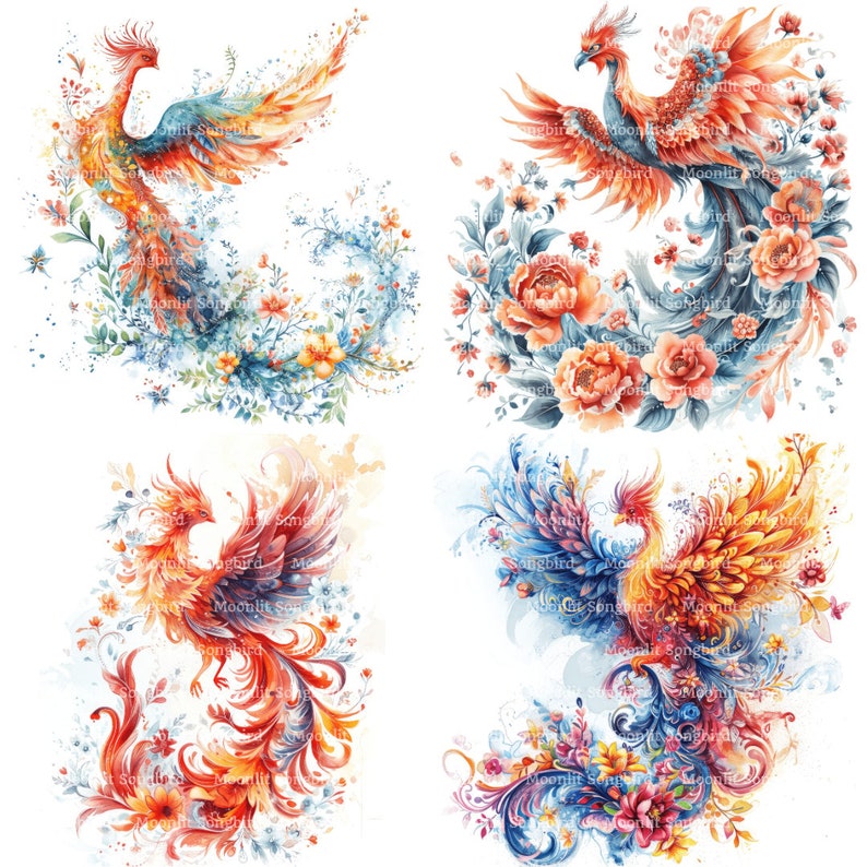 14 Floral Phoenix Clipart, Artistic Firebird, Digital Download ...