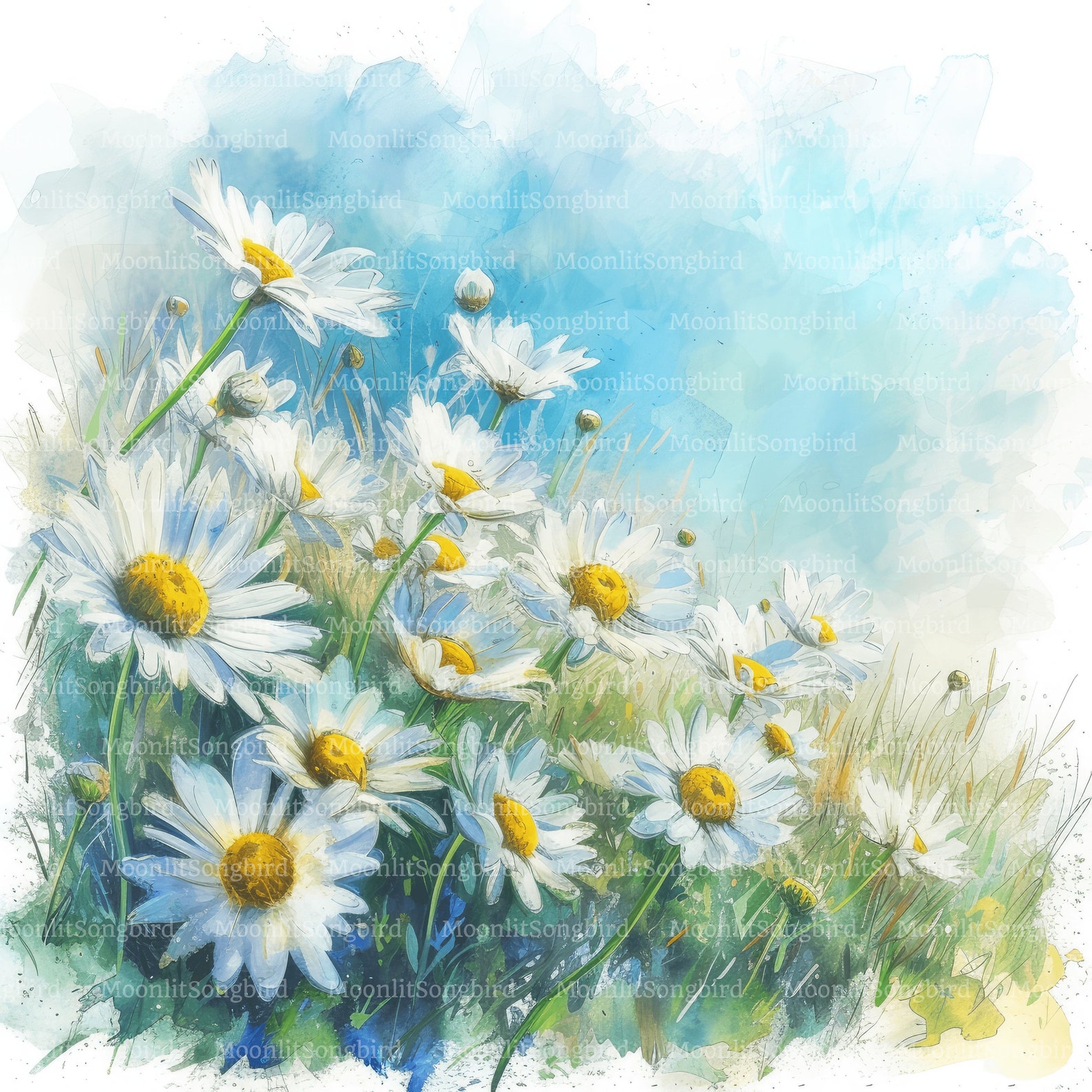 10 Field of Daisies Clipart, Digital Download, Printable Watercolor ...