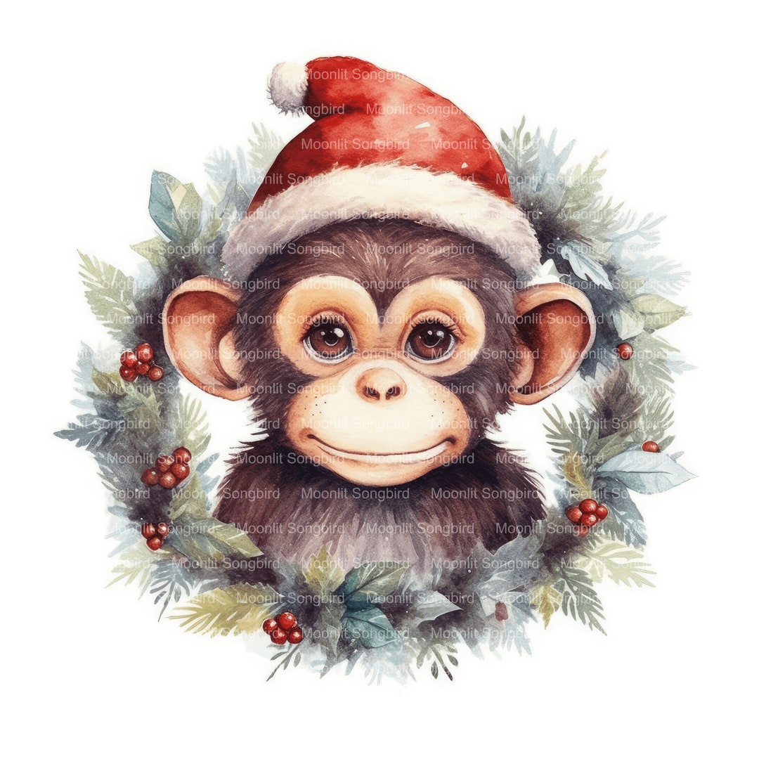 12 Christmas Monkey Clipart, Digital Download, Printable Watercolor ...