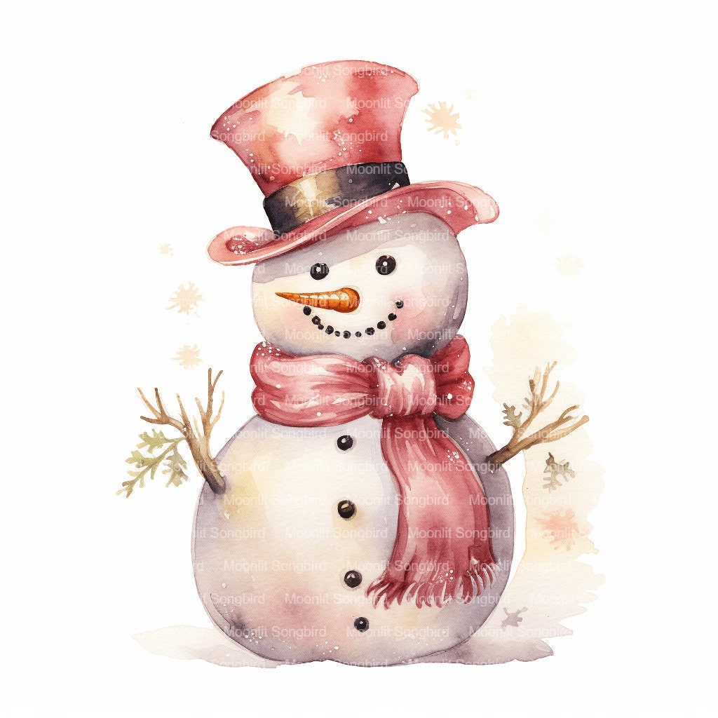 15 Pink Snowman Clipart, Digital Download, Printable Winter Watercolor ...