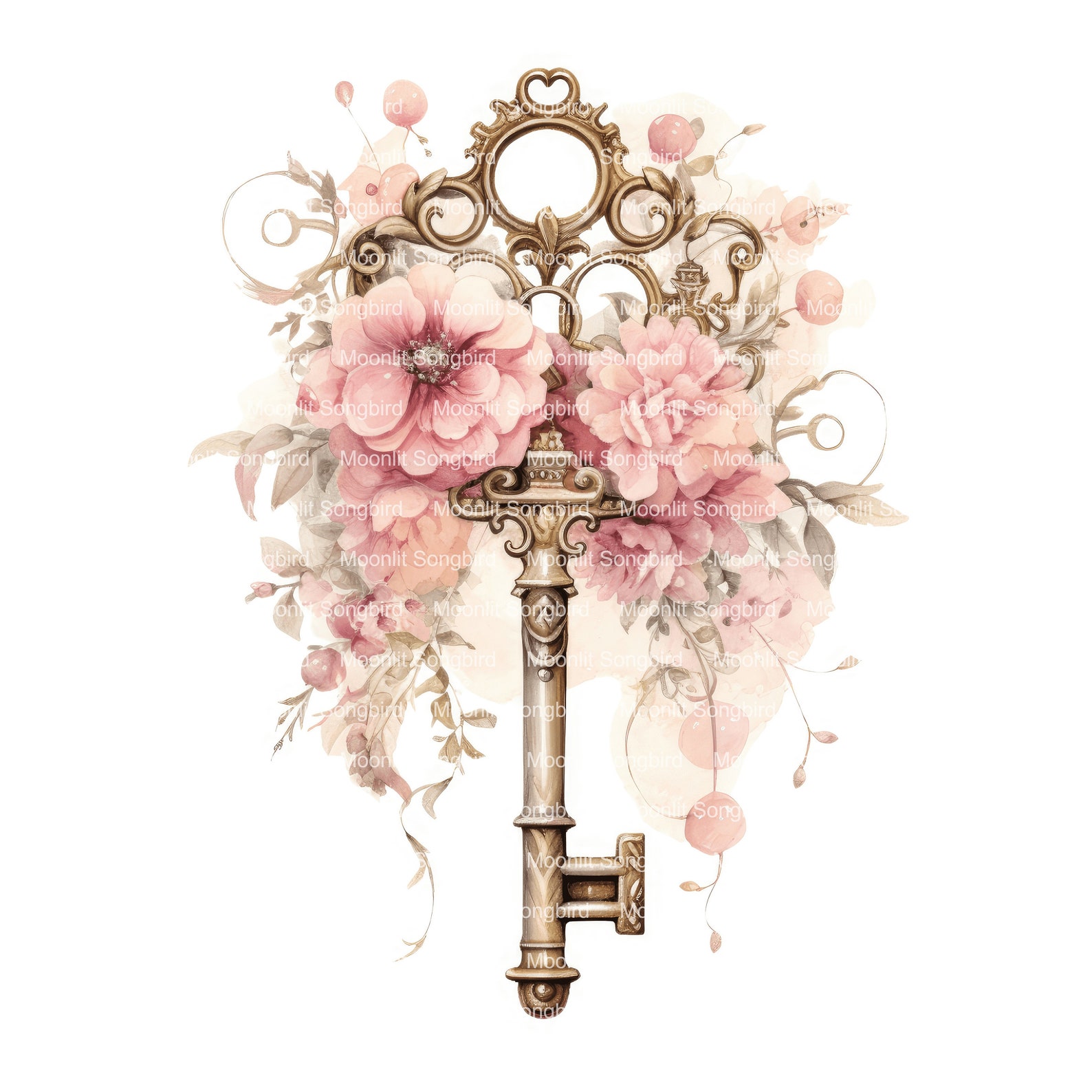 15 Vintage Key With Flowers Clipart, Digital Download, Printable ...