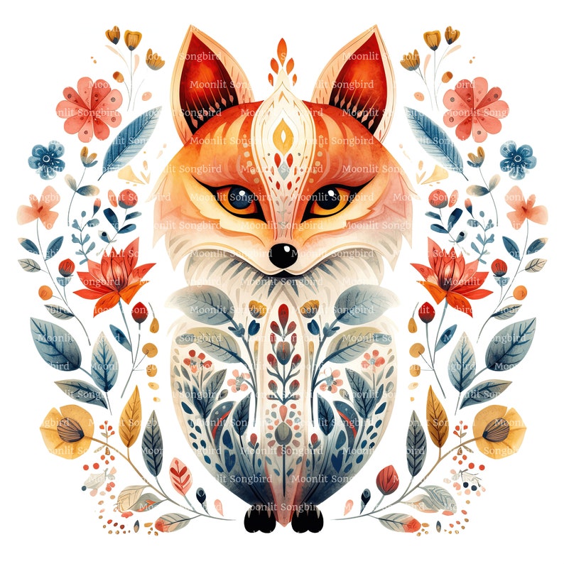 12 Fox Folk Art Clipart, Digital Download, Printable Watercolor Clipart ...