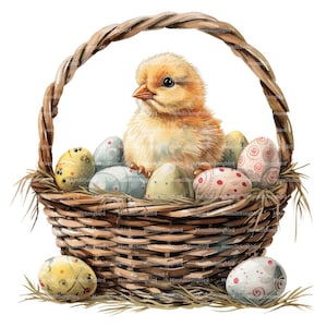 11 Easter Basket With Chick and Eggs Clipart, Digital Download ...