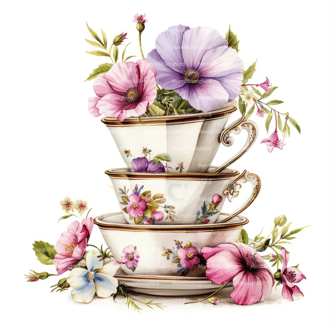 12 Floral Stack of Teacups Clipart, Digital Download, Printable ...