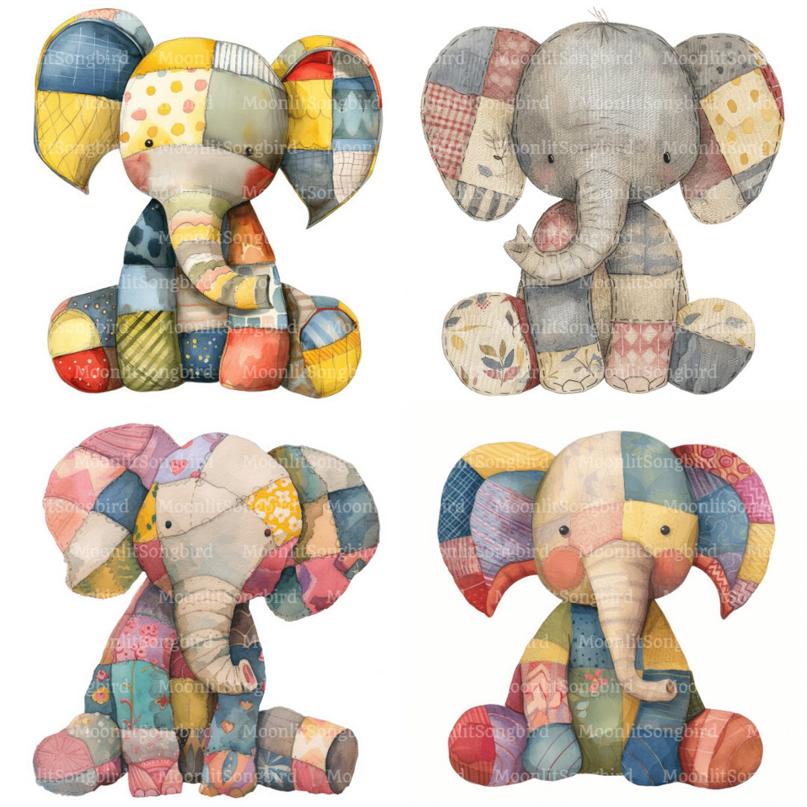 14 Patchwork Elephant Clipart, Digital Download, Printable Watercolor ...