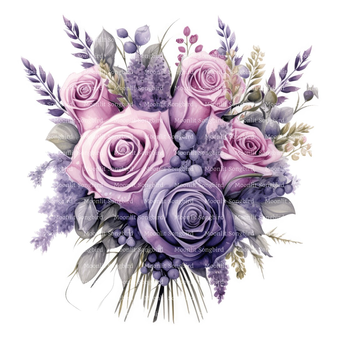 Purple Roses Bouquet Clipart, Watercolor Floral Illustration (digital ...
