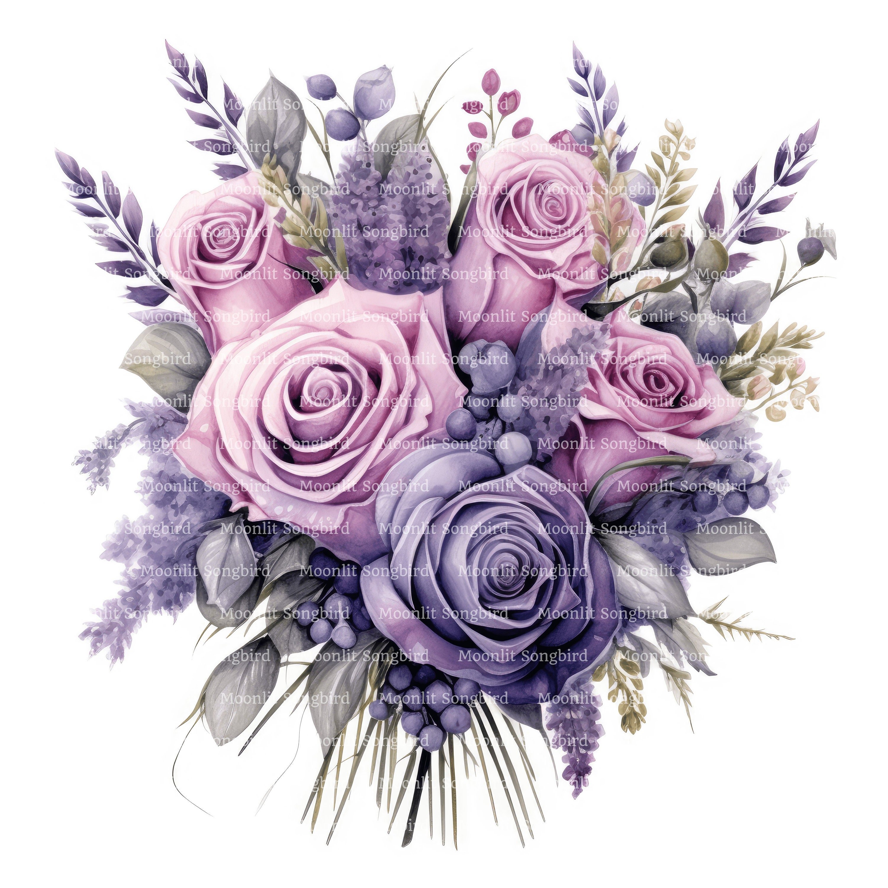 11 Purple Roses Bouquet Clipart, Wedding Bouquet, Digital Download ...