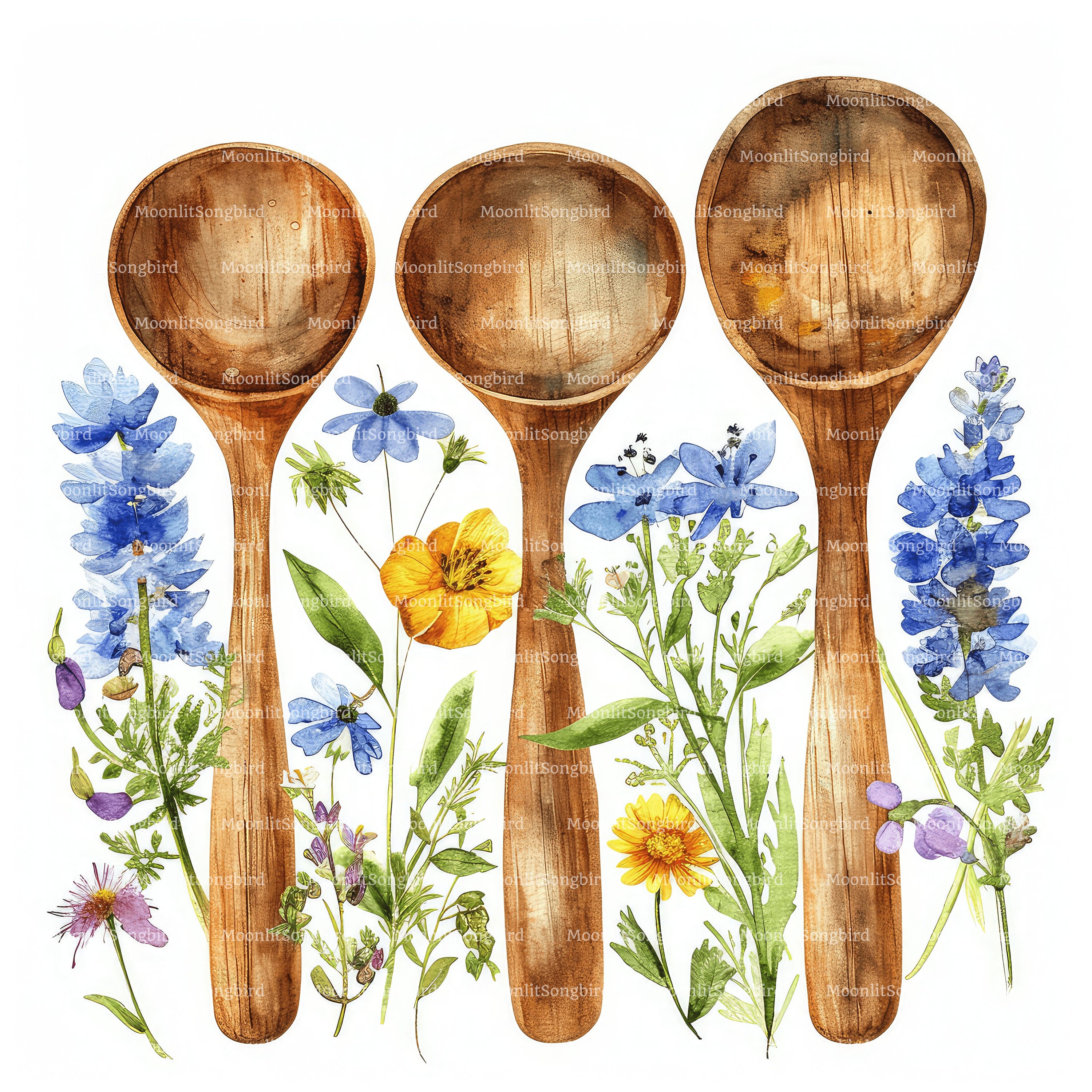 16 Floral Wooden Ladles Clipart, Digital Download, Printable Watercolor ...