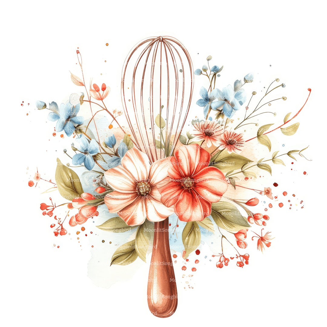 Floral Whisk Clipart, Watercolor Baking Illustration (digital Download ...