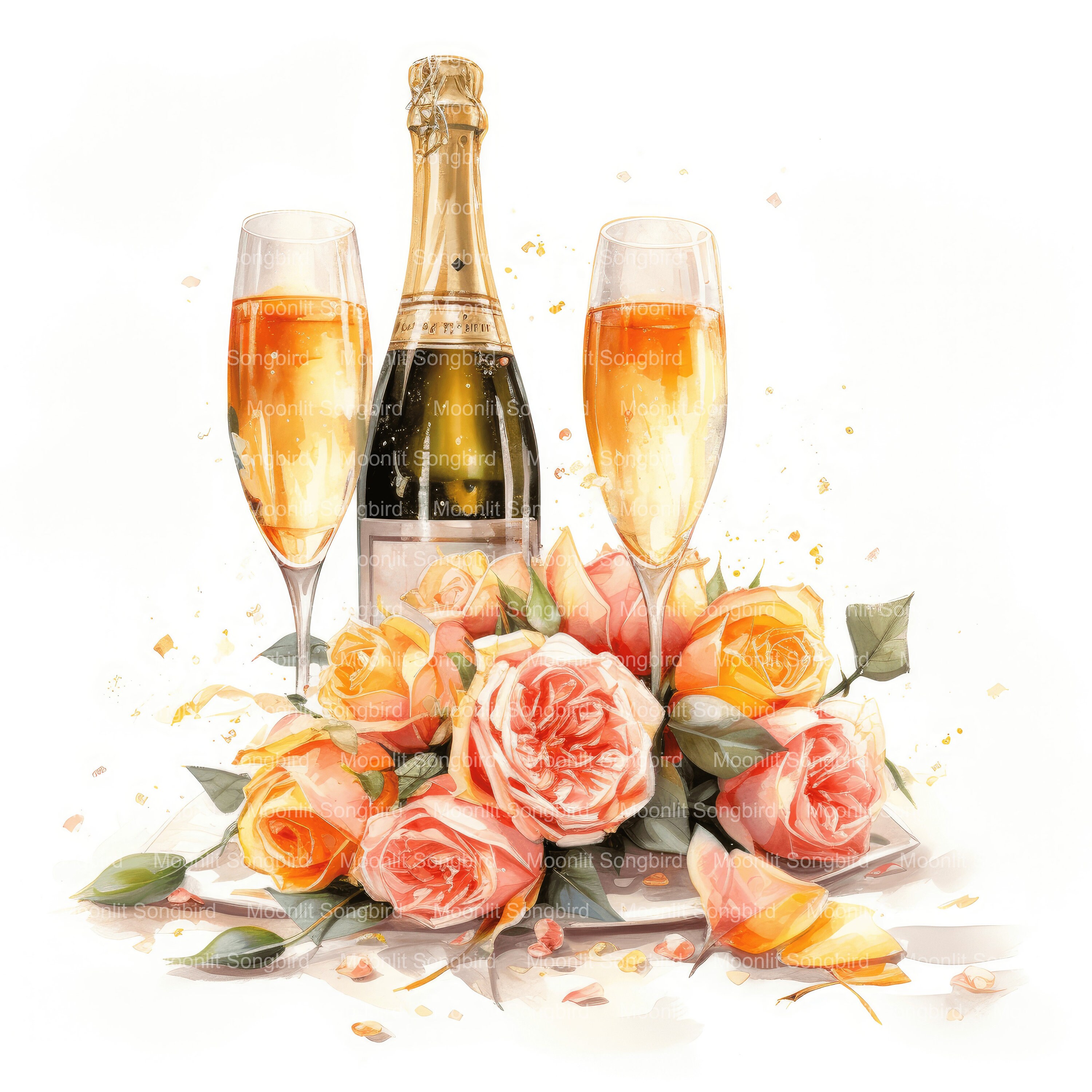 12 Champagne With Orange and Pink Roses Clipart, Digital Download ...