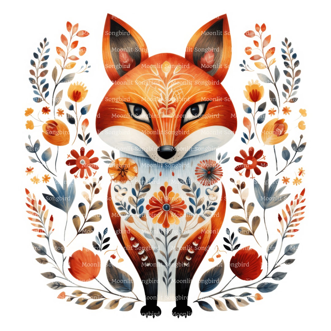 12 Fox Folk Art Clipart, Digital Download, Printable Watercolor Clipart ...
