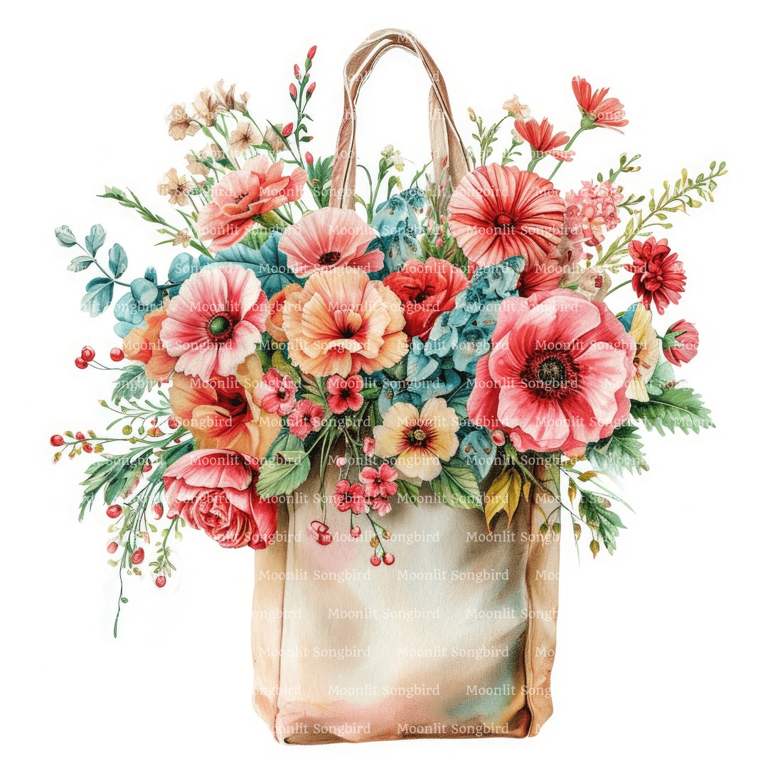12 Flowers in Tote Bag Clipart, Digital Download, Printable Watercolor ...