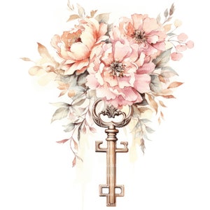 15 Vintage Key With Flowers Clipart, Digital Download, Printable ...