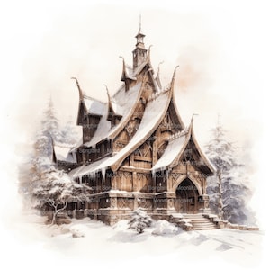 10 Snowy Wooden Stave Church Clipart, Digital Download, Printable ...