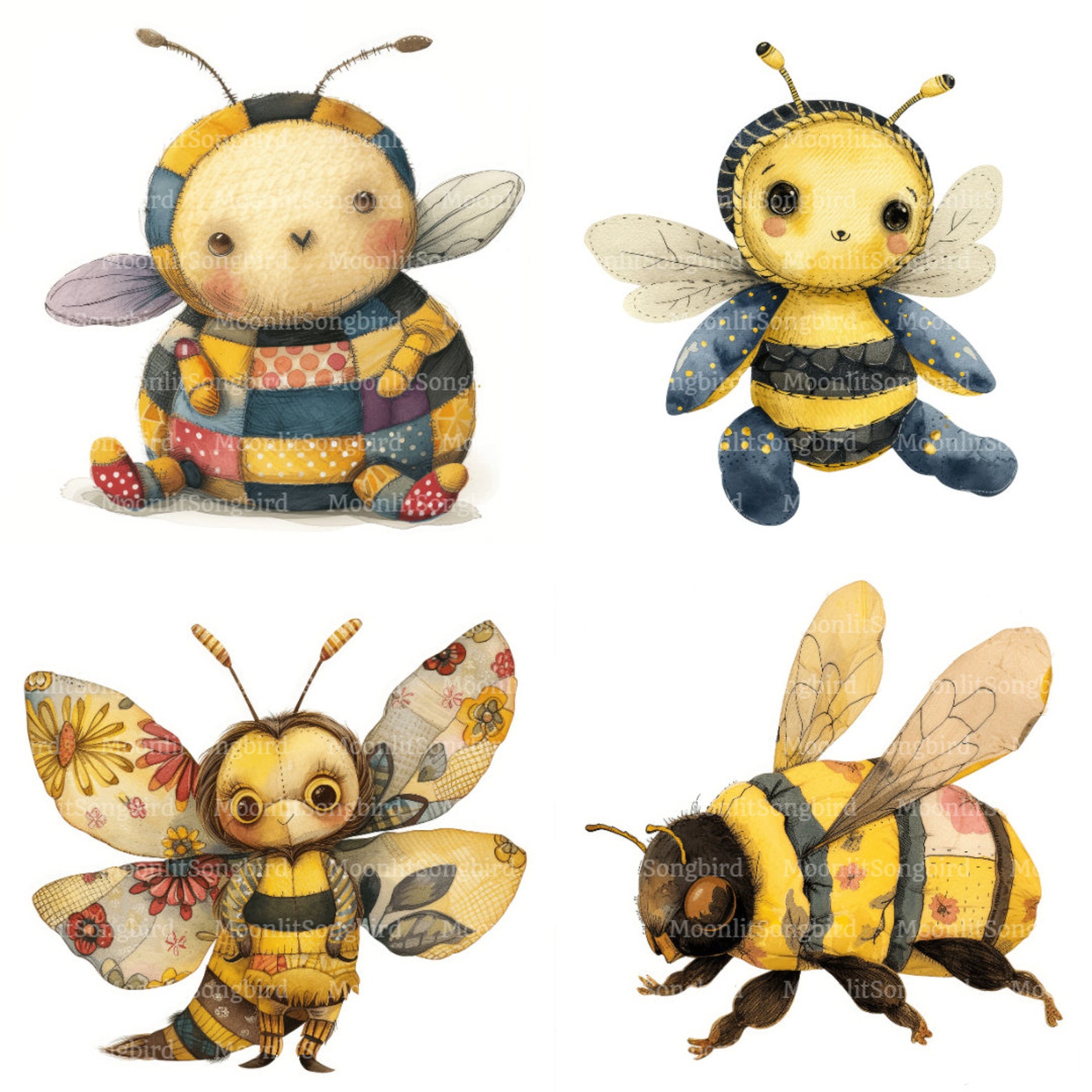 14 Patchwork Bee Clipart, Digital Download, Printable Watercolor ...