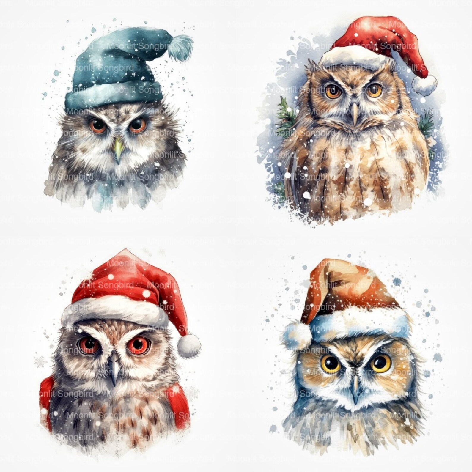 16 Christmas Owl Clipart, Digital Download, Printable Cute Watercolor ...