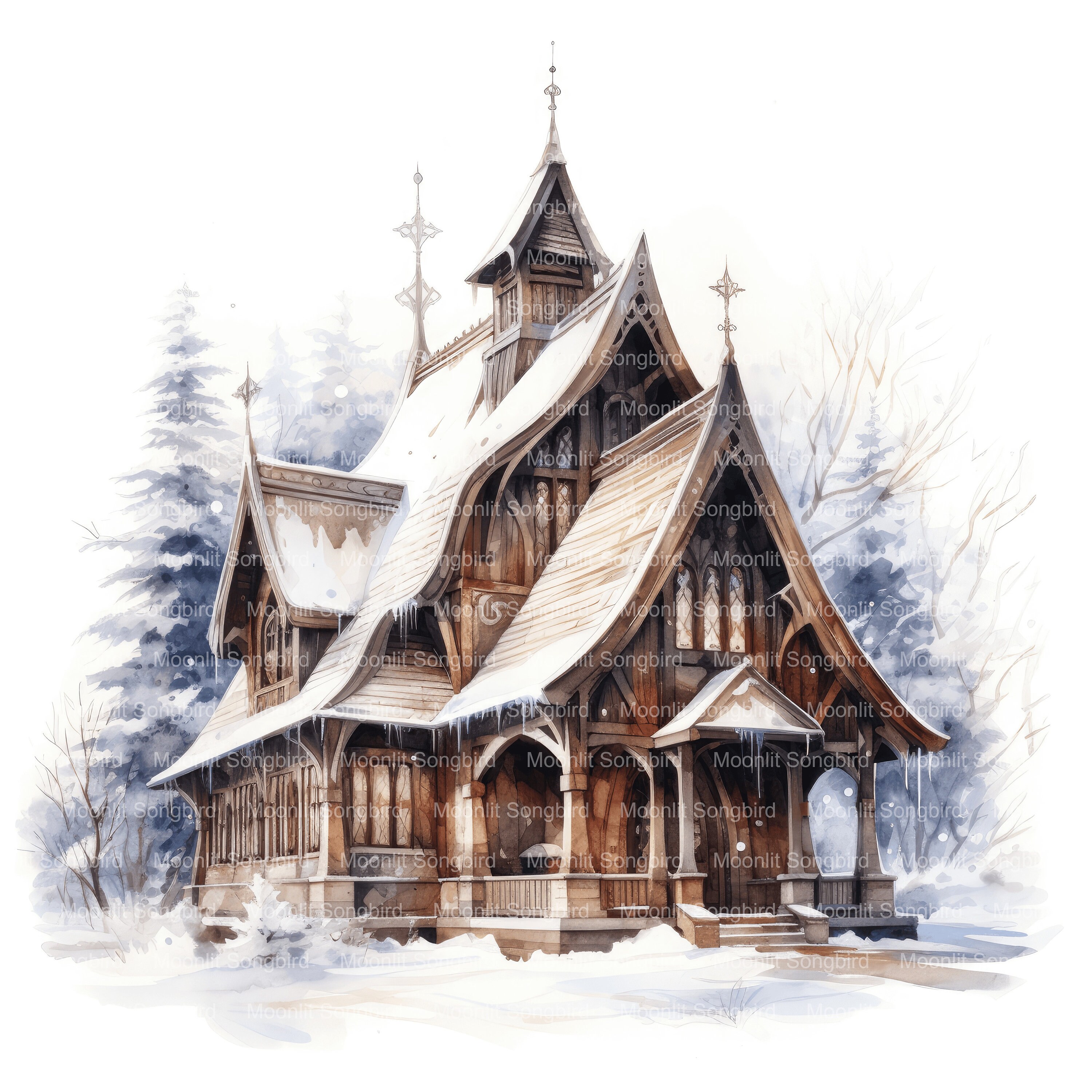 12 Wooden Stave Church in Winter Clipart, Digital Download, Printable ...