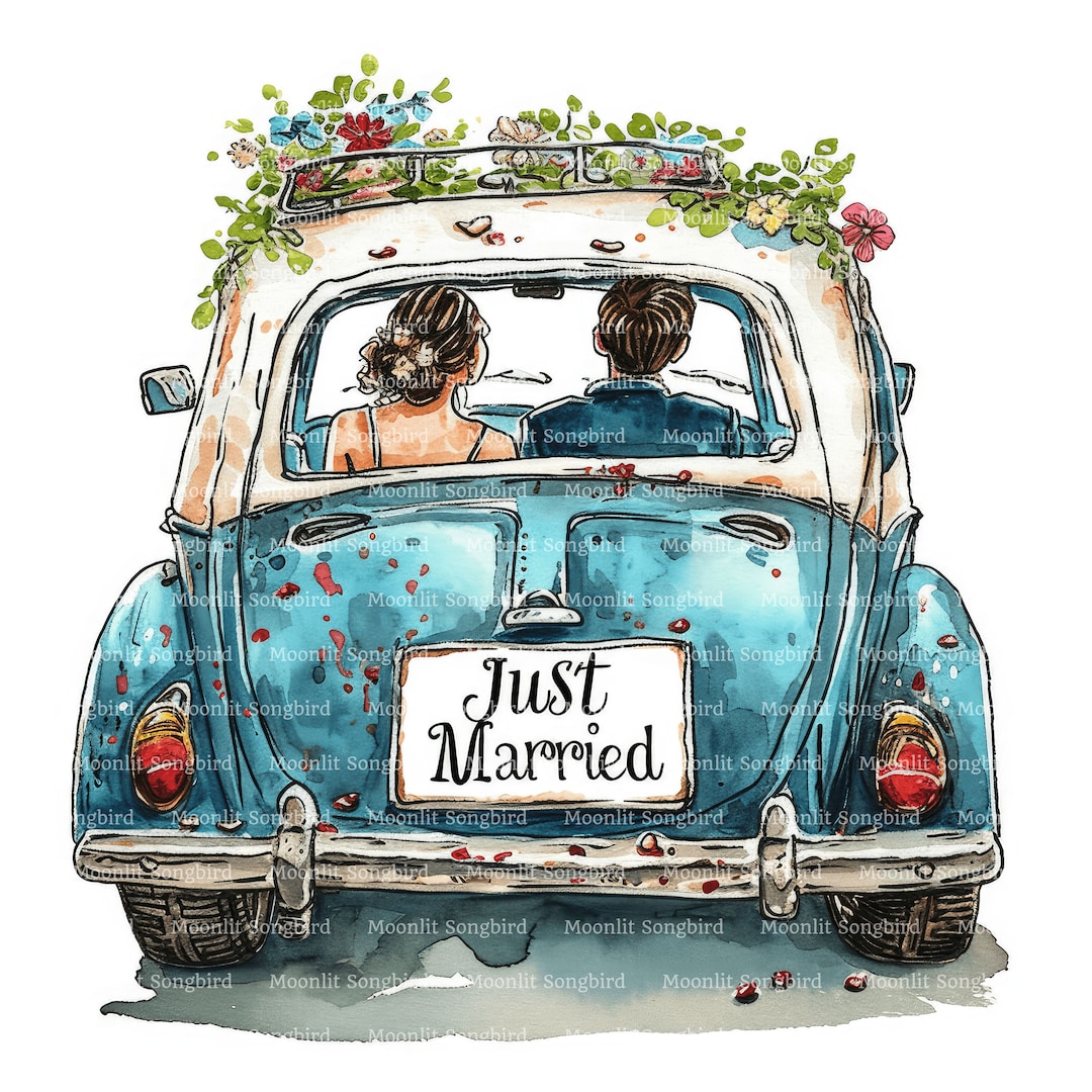 12 Just Married Car With Bride and Groom Clipart, PNG & JPG, Digital ...