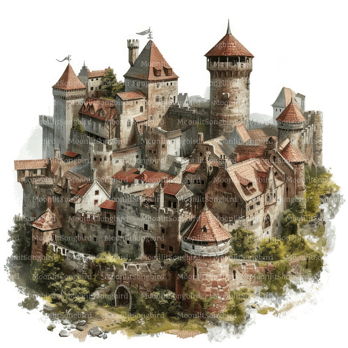 18 Medieval Walled Town Clipart, Digital Download, Printable Watercolor ...