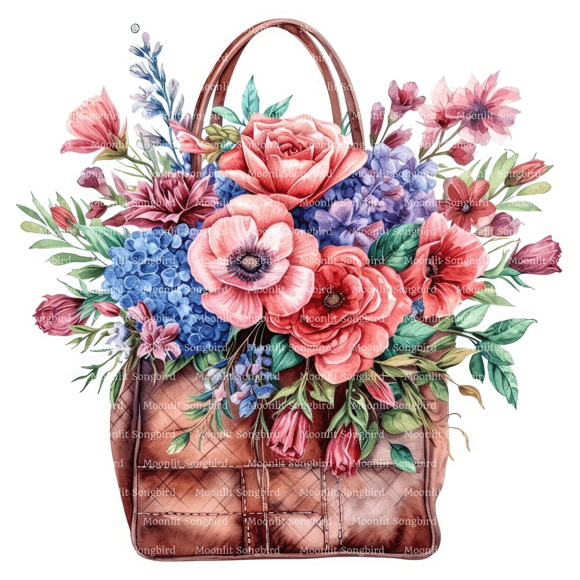10 Flowers in Handbag Clipart, Digital Download, Printable Watercolor ...