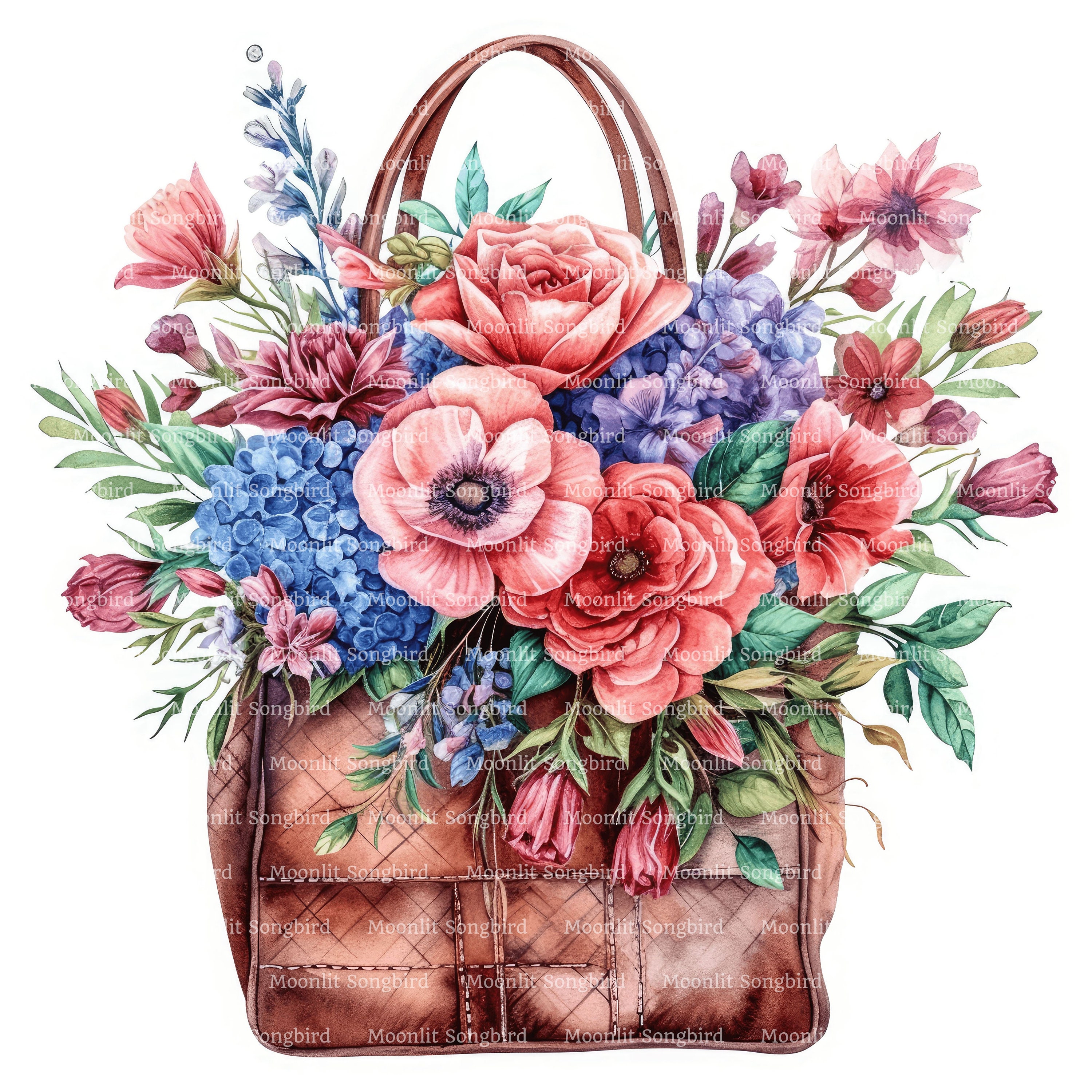 10 Flowers in Handbag Clipart, Digital Download, Printable Watercolor ...