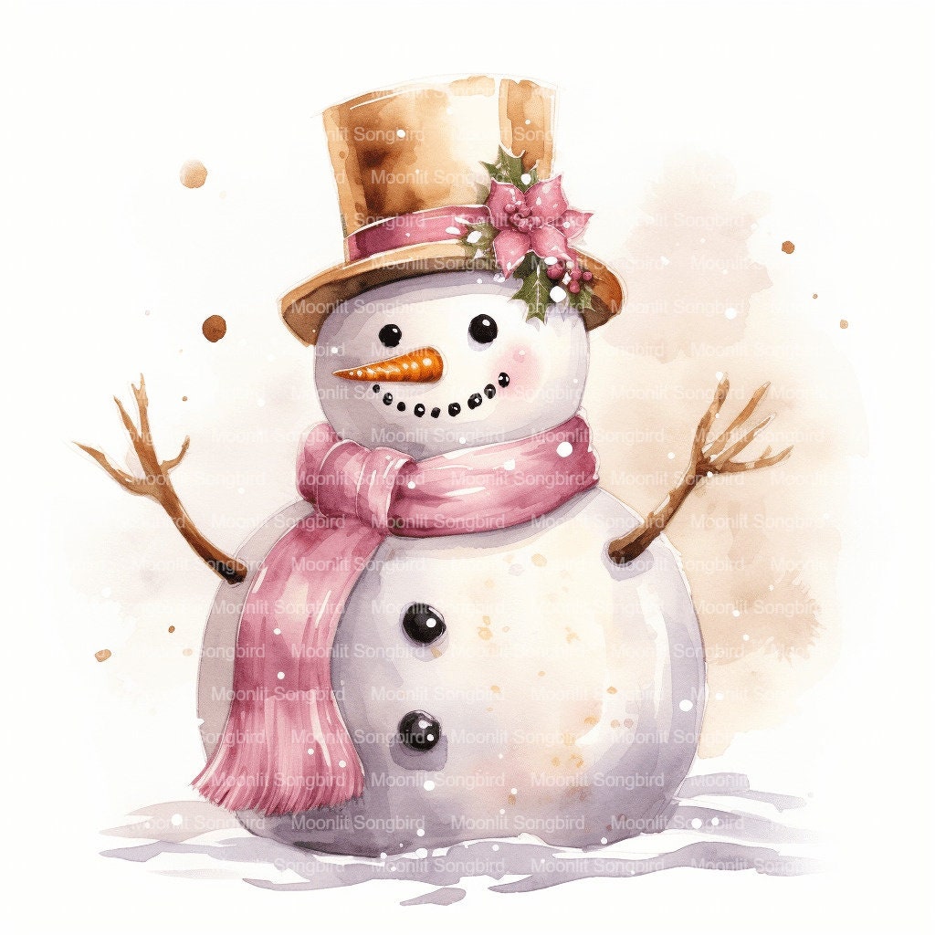 15 Pink Snowman Clipart, Digital Download, Printable Winter Watercolor ...