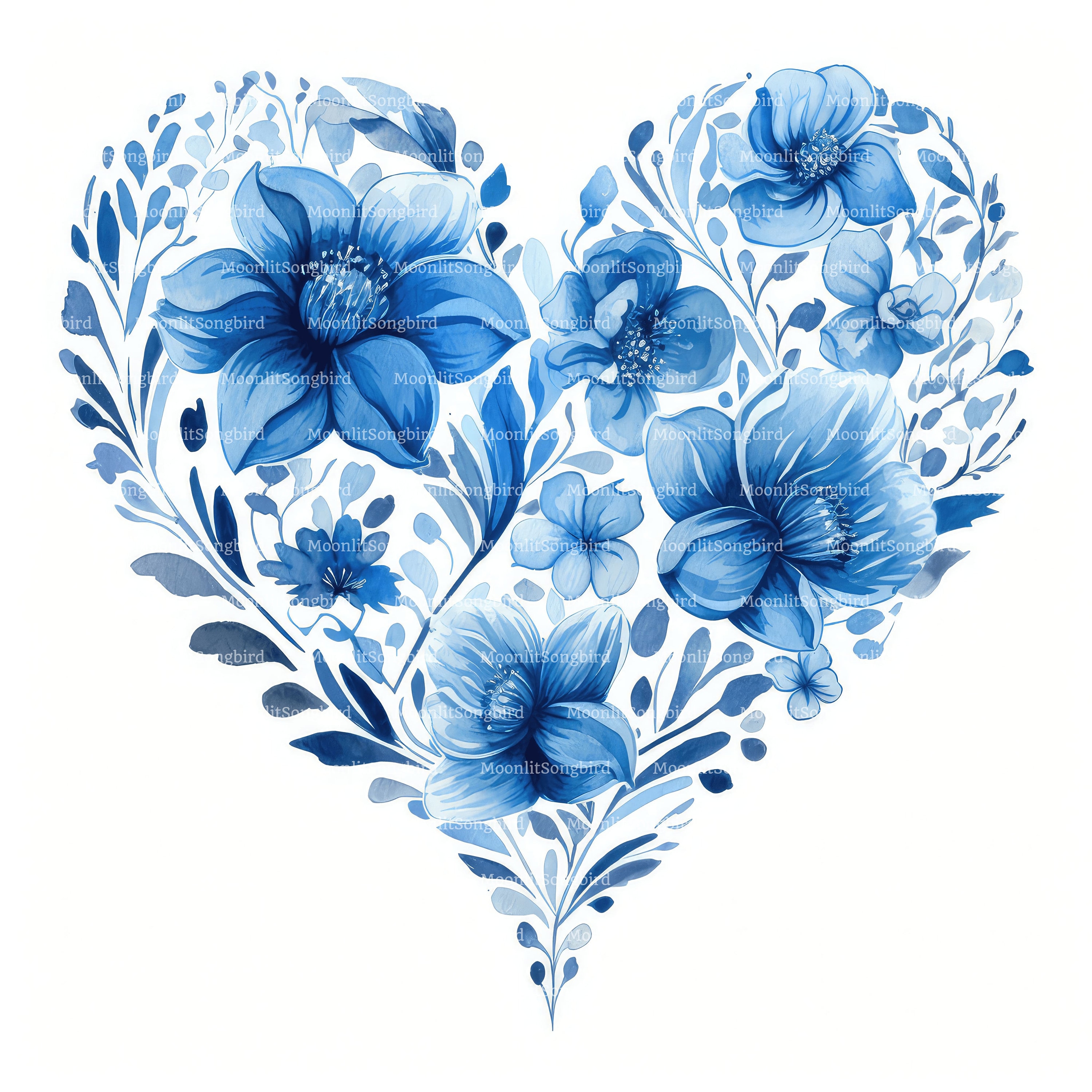16 Blue Floral Hearts Clipart, Digital Download, Printable Watercolor ...