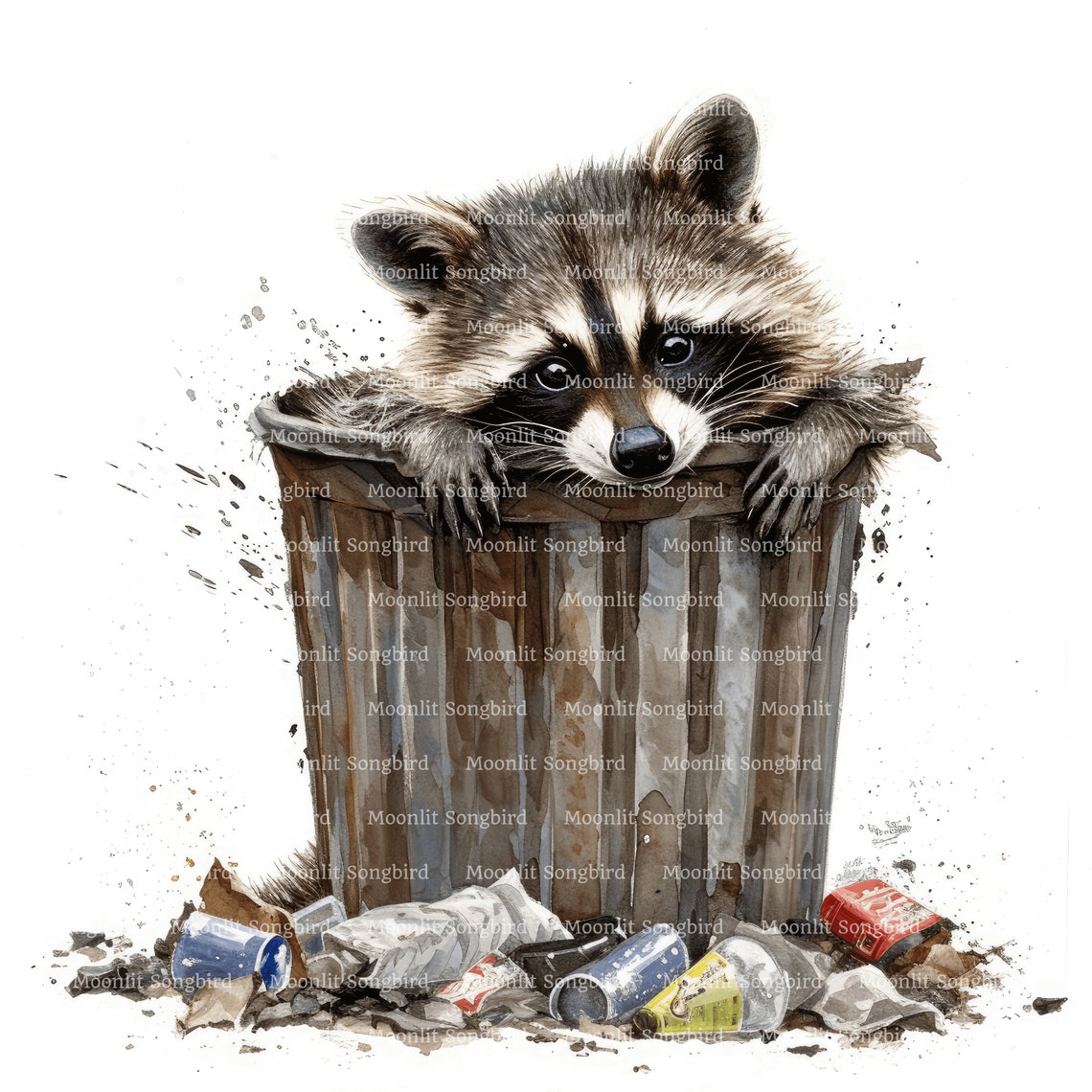 12 Raccoon in Trash Can Clipart, Digital Download, Printable Watercolor ...