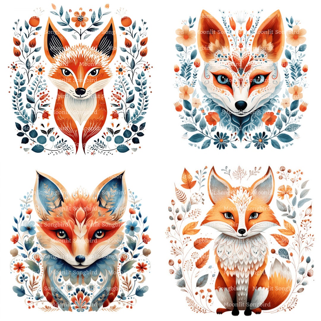 12 Fox Folk Art Clipart, Digital Download, Printable Watercolor Clipart ...