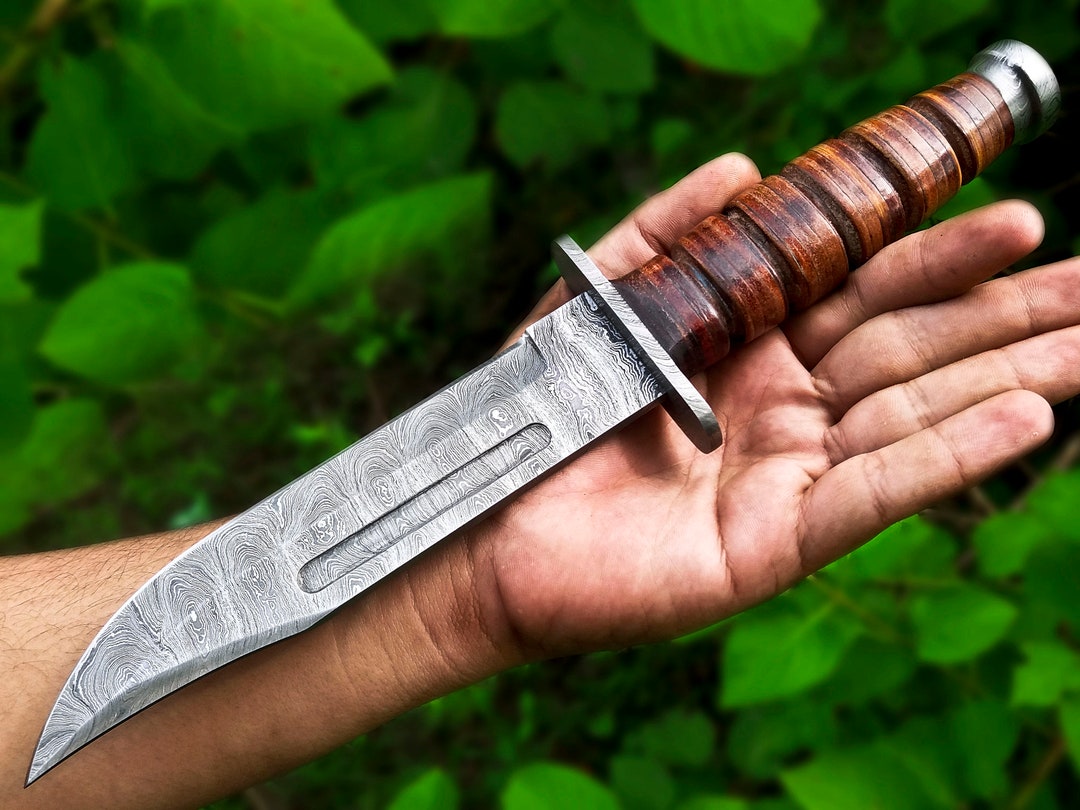 Handmade Kabar Knife Damascus Steel Bowie Knife With Sheath Hunting ...