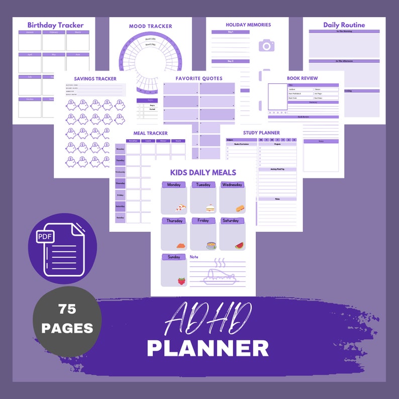 ADHD Planner Printable Purple Planner Productivity ADHD Journal Pdf - Etsy