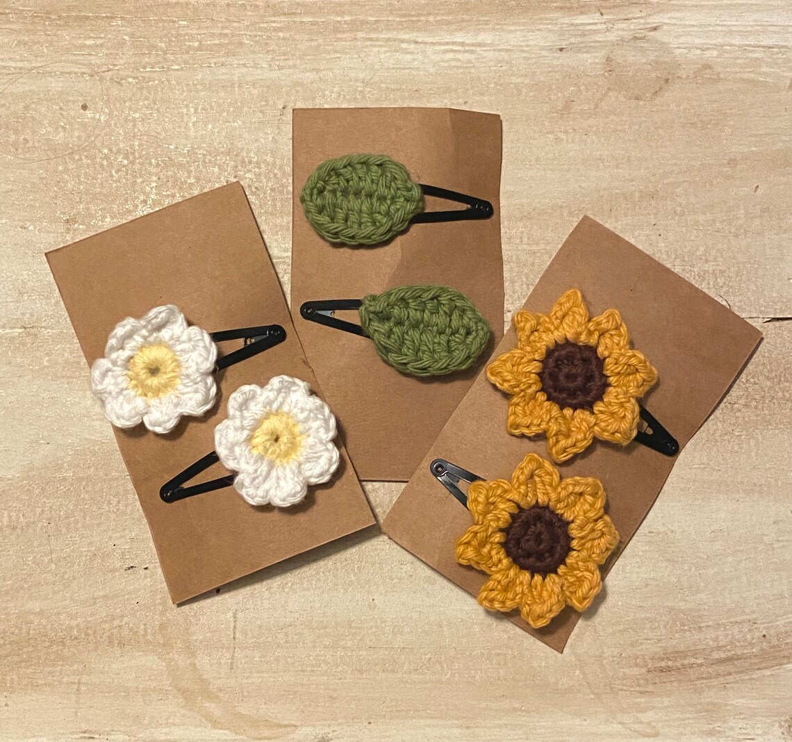 2 Crochet Hair Snap Clips Sunflower, Daisy, Leaves, Durable Hair Clips ...