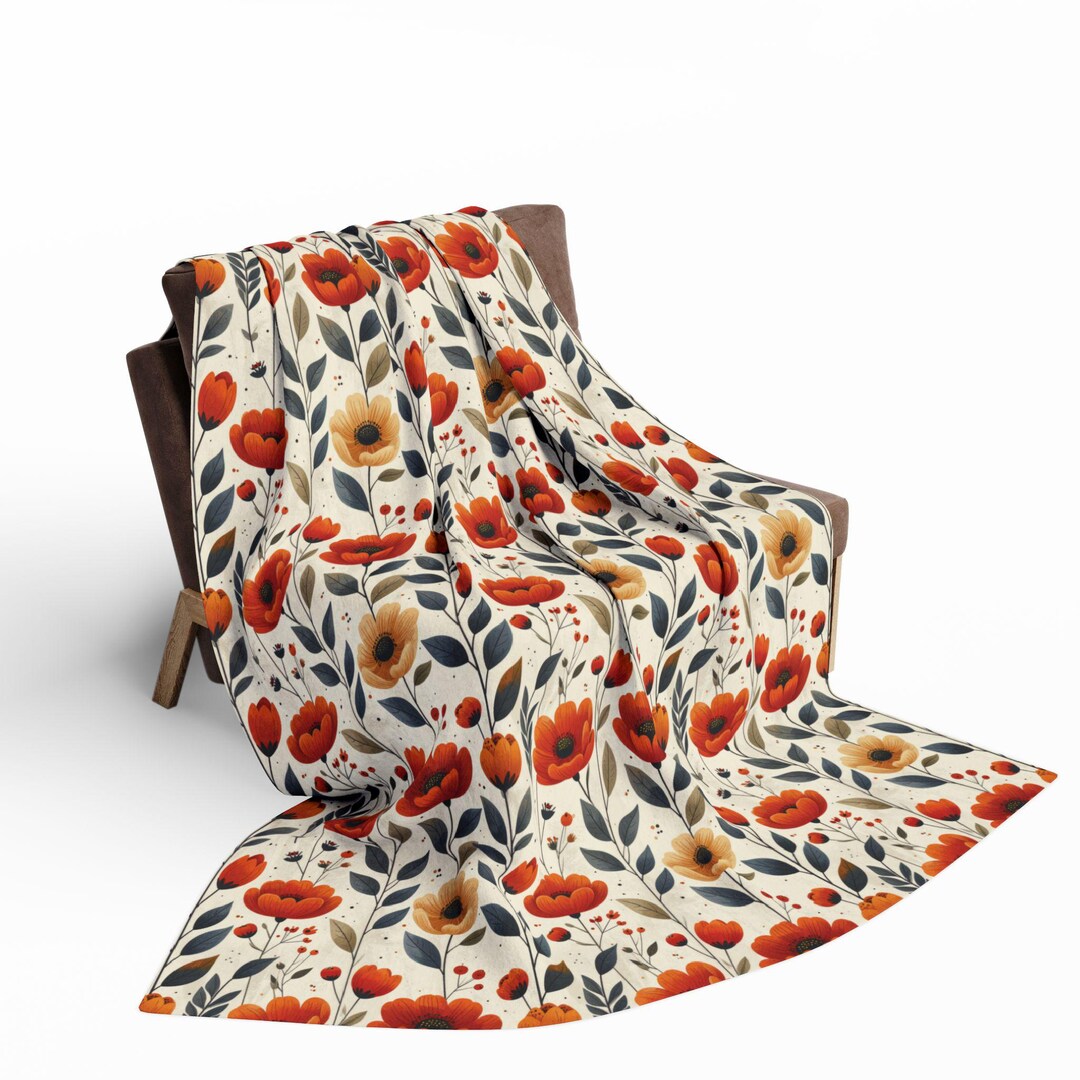 Retro Poppy Floral Arctic Fleece Blanket | Red Orange Flowers, Neutral ...