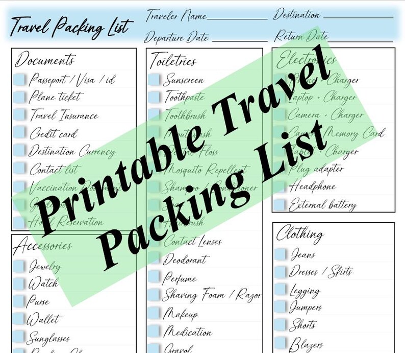 Best Printable Travel Packing List, Traveller Checklist Printable ...