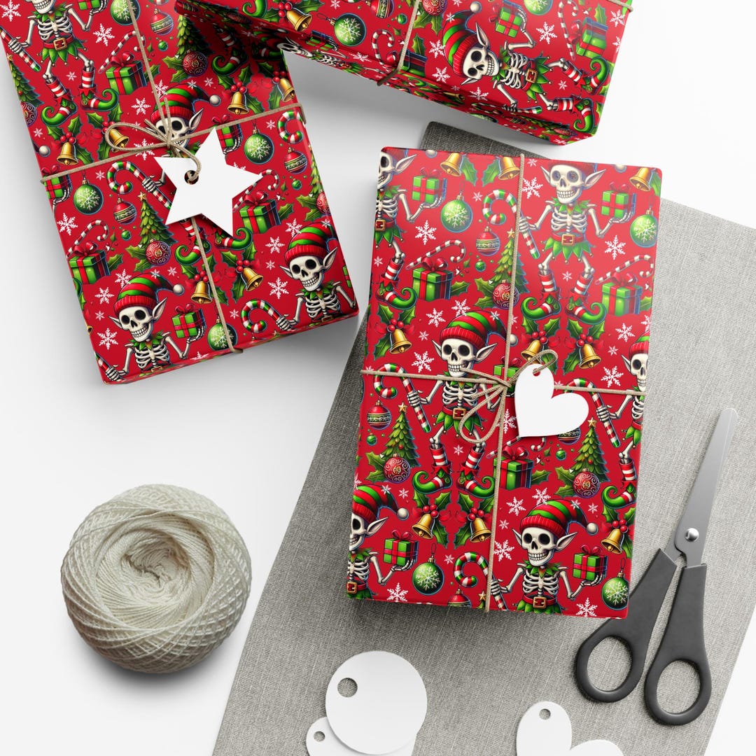 Red Wrapping Paper, Dead Elf on a Shelf Skeleton Elf Gift Wrap Papers ...
