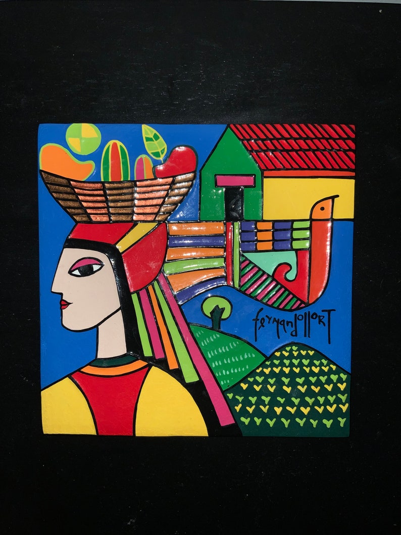 Fernando Llort Salvadoran Signed Art Ceramic Tile Decor “la Vendedora ...