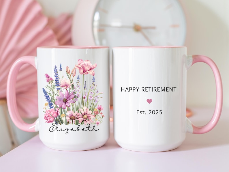 Personalized Retirement Mug: Floral Design, Custom Name - Etsy